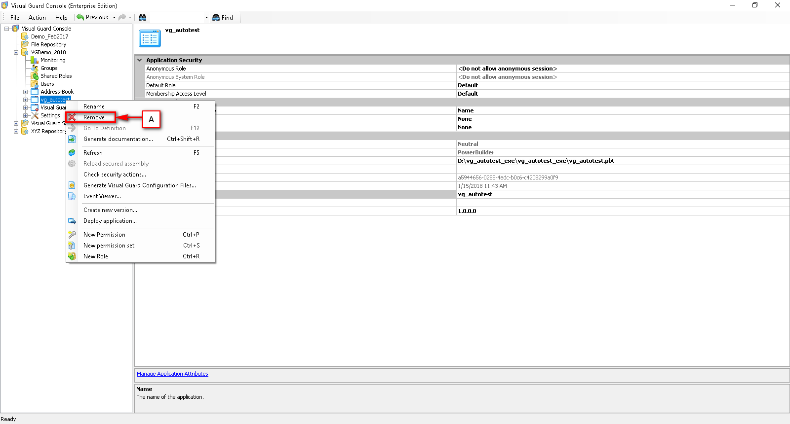 Remove an Application – Visual Guard