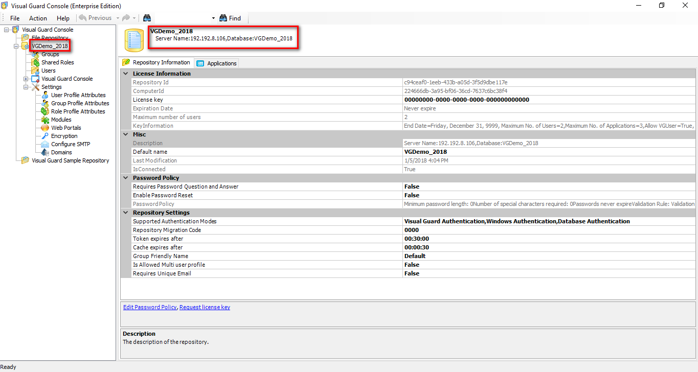 Add an Existing Repository (SQL Server). – Visual Guard