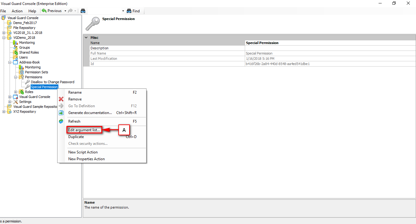 Editing Argument List – Visual Guard