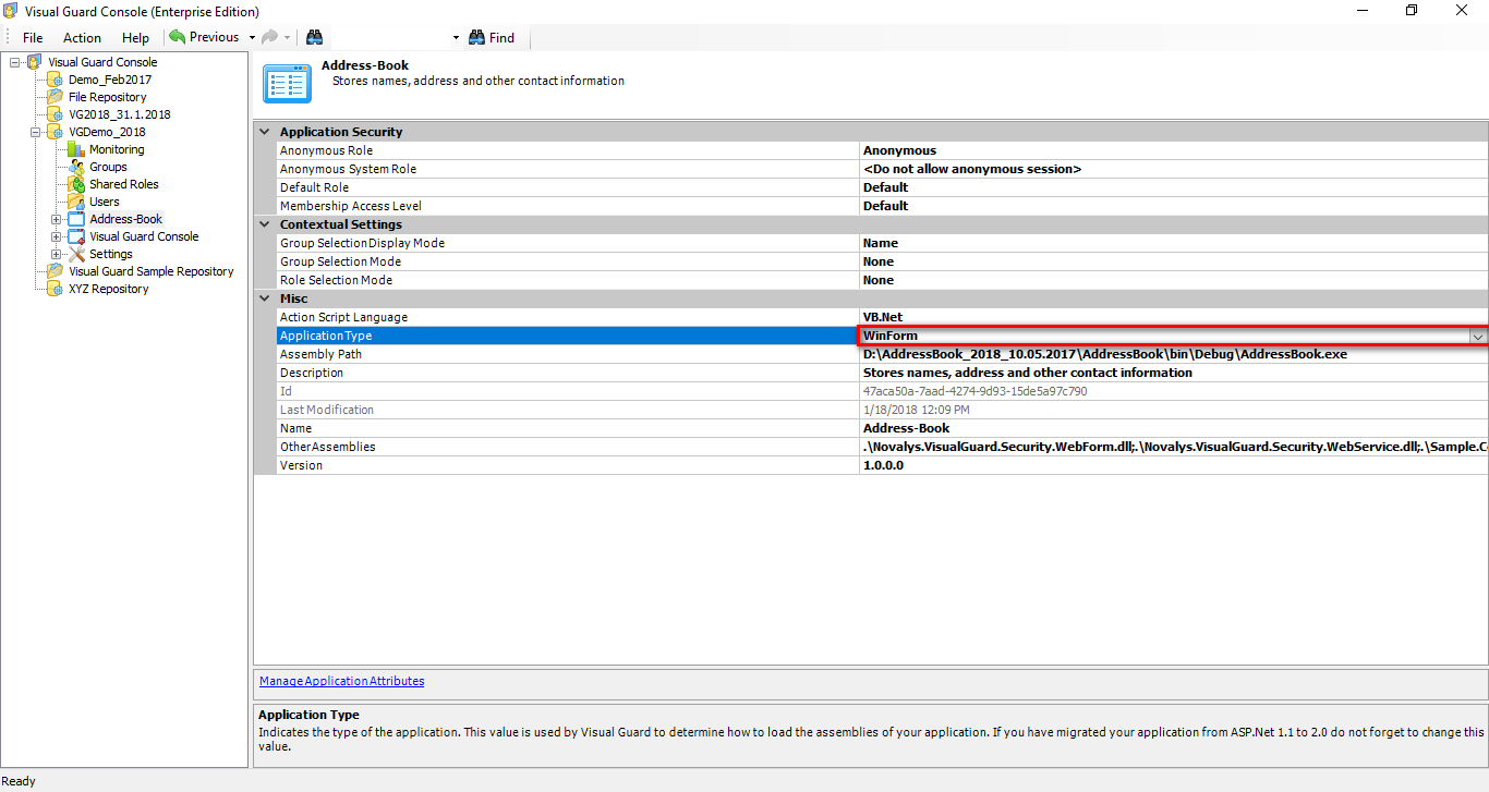 Application Type – Visual Guard