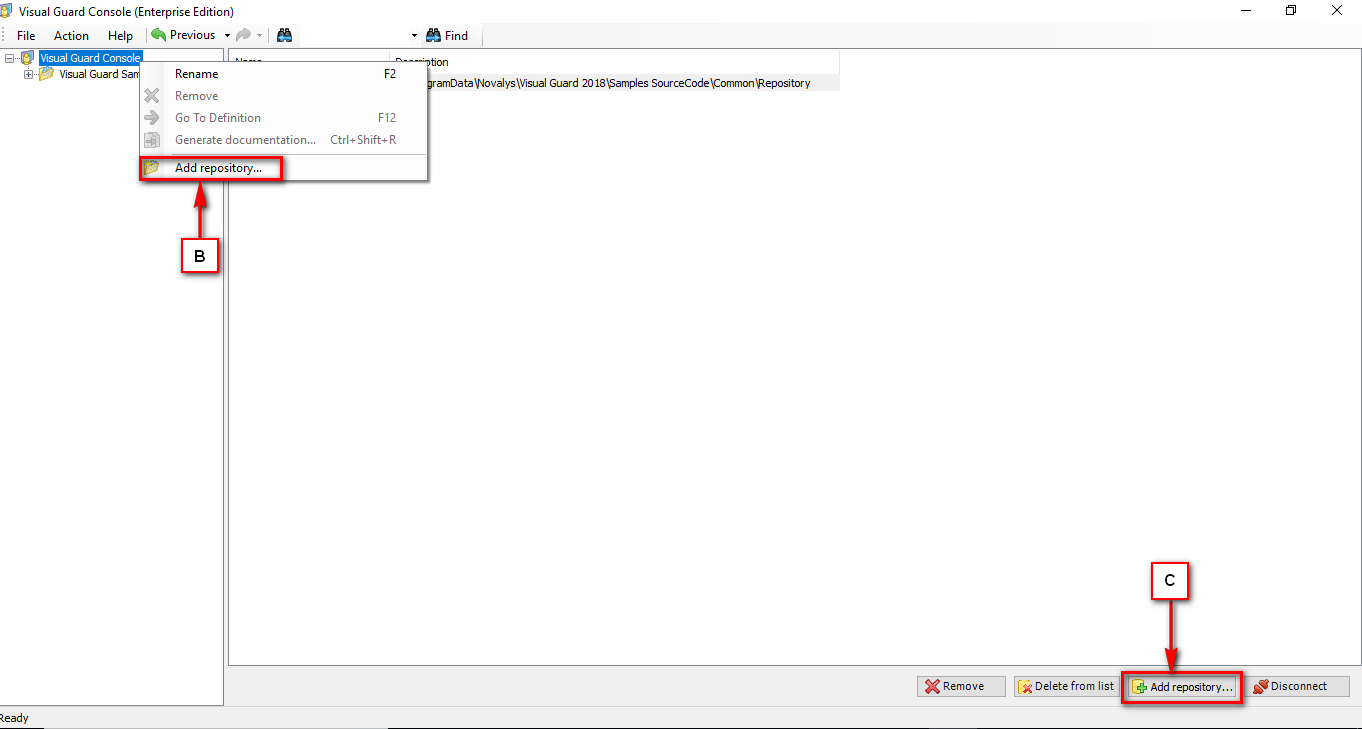 Add an Existing Repository (SQL Server). – Visual Guard
